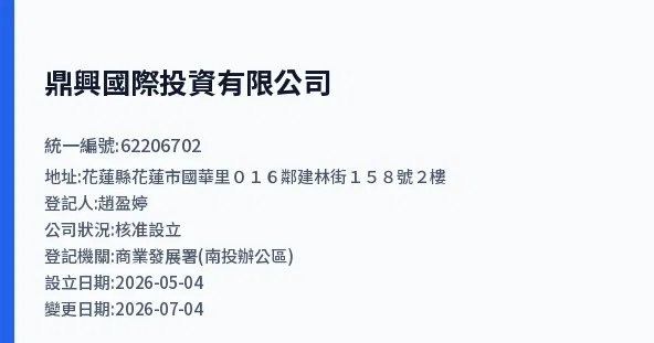 鼎興國際投資有限公司的照片-統編 62206702(花蓮縣) 公司登記資料與營業項目詳細圖表