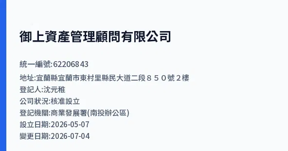 御上資產管理顧問有限公司的照片-統編 62206843(宜蘭縣) 公司登記資料與營業項目詳細圖表
