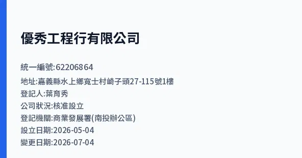 優秀工程行有限公司的照片-統編 62206864(嘉義縣) 公司登記資料與營業項目詳細圖表