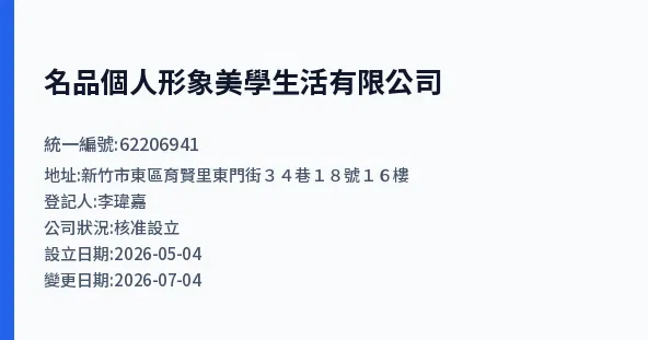 名品個人形象美學生活有限公司的照片-統編 62206941(新竹市) 公司登記資料與營業項目詳細圖表