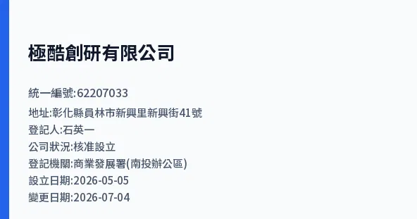 極酷創研有限公司的照片-統編 62207033(彰化縣) 公司登記資料與營業項目詳細圖表