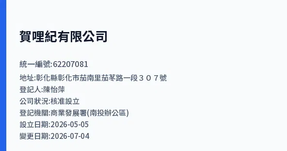 賀哩紀有限公司的照片-統編 62207081(彰化縣) 公司登記資料與營業項目詳細圖表