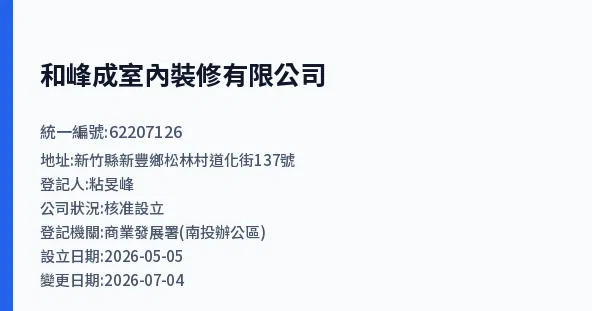 和峰成室內裝修有限公司的照片-統編 62207126(新竹縣) 公司登記資料與營業項目詳細圖表