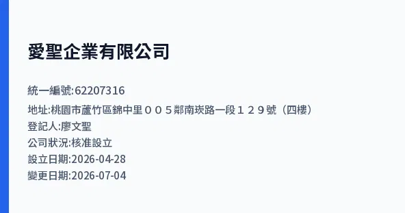 愛聖企業有限公司的照片-統編 62207316 公司登記資料與營業項目詳細圖表