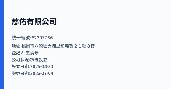 慈佑有限公司的照片-統編 62207786(桃園市) 公司登記資料與營業項目詳細圖表