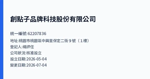 創點子品牌科技股份有限公司的照片-統編 62207836(桃園市) 公司登記資料與營業項目詳細圖表