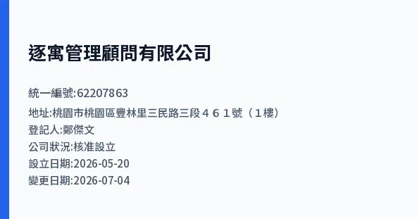 逐寓管理顧問有限公司的照片-統編 62207863(桃園市) 公司登記資料與營業項目詳細圖表