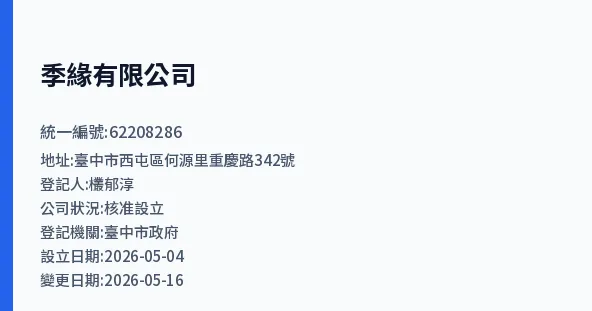 季緣有限公司的照片-統編 62208286(臺中市) 公司登記資料與營業項目詳細圖表