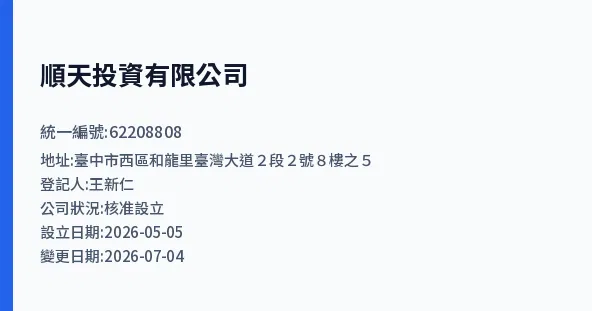 順天投資有限公司的照片-統編 62208808(臺中市) 公司登記資料與營業項目詳細圖表