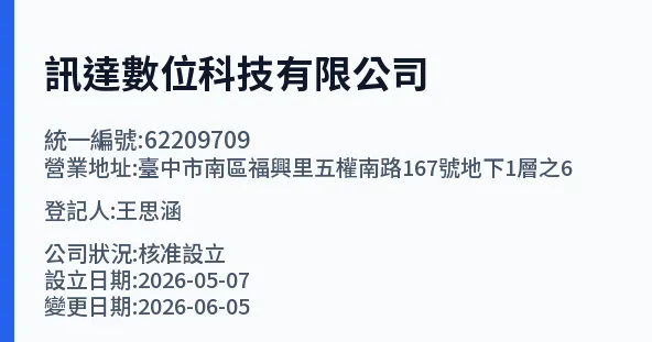 訊達數位科技有限公司的照片-統編 62209709(臺中市) 公司登記資料與營業項目詳細圖表