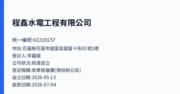 程鑫水電工程有限公司的照片-統編 62210157(花蓮縣) 公司登記資料與營業項目詳細圖表