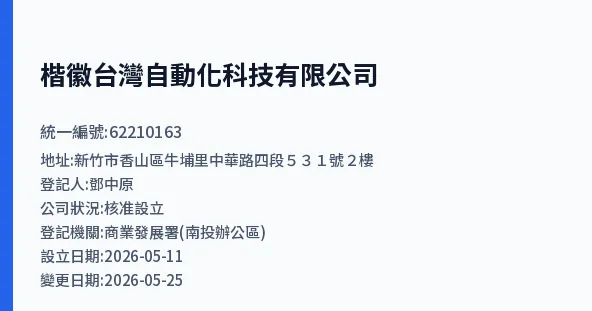 楷徽台灣自動化科技有限公司的照片-統編 62210163(新竹市) 公司登記資料與營業項目詳細圖表