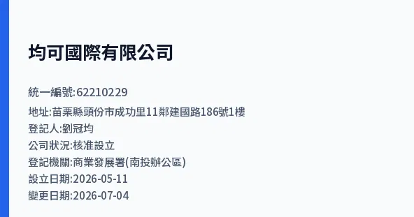 均可國際有限公司的照片-統編 62210229(苗栗縣) 公司登記資料與營業項目詳細圖表