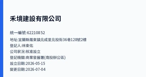 禾境建設有限公司的照片-統編 62210852(宜蘭縣) 公司登記資料與營業項目詳細圖表