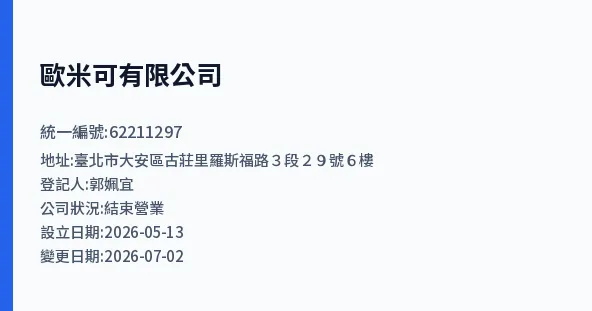 歐米可有限公司的照片-統編 62211297 公司登記資料與營業項目詳細圖表