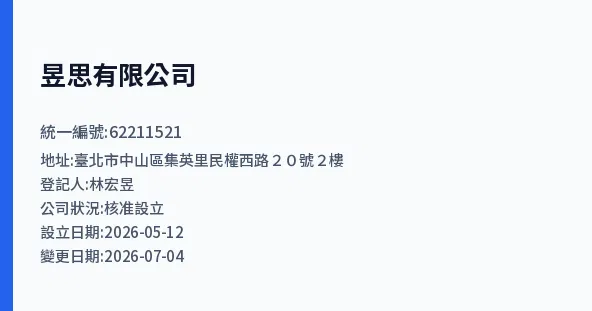 昱思有限公司的照片-統編 62211521(臺北市) 公司登記資料與營業項目詳細圖表