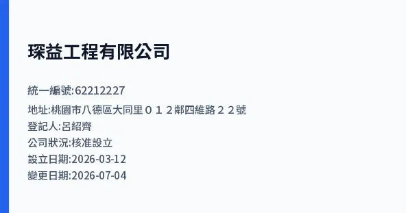 琛益工程有限公司的照片-統編 62212227(桃園市) 公司登記資料與營業項目詳細圖表
