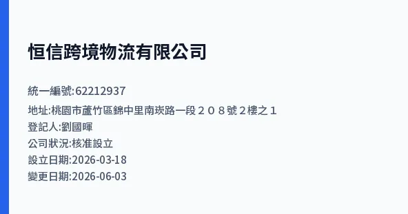 恒信跨境物流有限公司的照片-統編 62212937(桃園市) 公司登記資料與營業項目詳細圖表