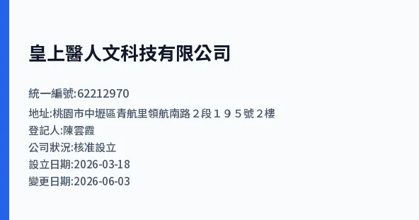 皇上醫人文科技有限公司的照片-統編 62212970(桃園市) 公司登記資料與營業項目詳細圖表