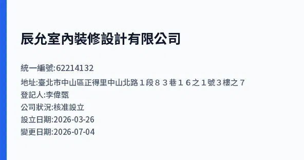 辰允室內裝修設計有限公司的照片-統編 62214132(臺北市) 公司登記資料與營業項目詳細圖表
