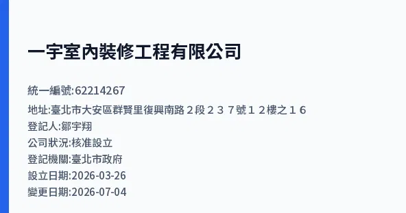 一宇室內裝修工程有限公司的照片-統編 62214267(臺北市) 公司登記資料與營業項目詳細圖表