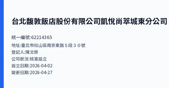 台北馥敦飯店股份有限公司凱悅尚萃城東分公司的照片-統編 62214365(臺北市) 公司登記資料與營業項目詳細圖表