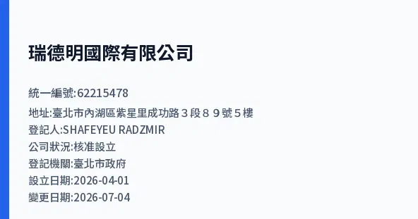 瑞德明國際有限公司的照片-統編 62215478(臺北市) 公司登記資料與營業項目詳細圖表