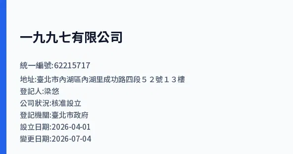 一九九七有限公司的照片-統編 62215717(臺北市) 公司登記資料與營業項目詳細圖表