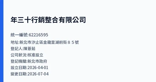 年三十行銷整合有限公司的照片-統編 62216595(新北市) 公司登記資料與營業項目詳細圖表