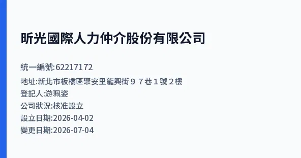 昕光國際人力仲介股份有限公司的照片-統編 62217172 公司登記資料與營業項目詳細圖表