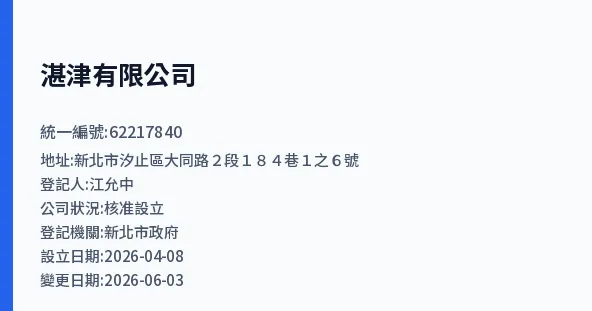 湛津有限公司的照片-統編 62217840(新北市) 公司登記資料與營業項目詳細圖表