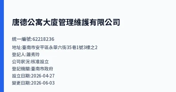 唐德公寓大廈管理維護有限公司的照片-統編 62218236(臺南市) 公司登記資料與營業項目詳細圖表