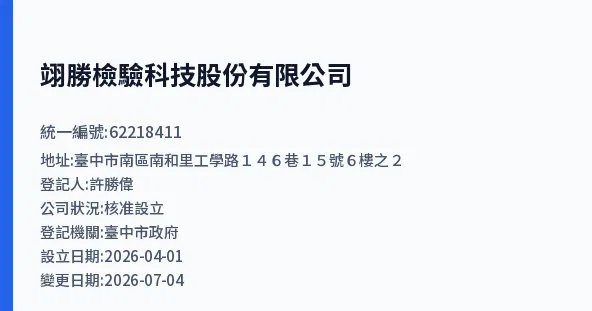 翊勝檢驗科技股份有限公司的照片-統編 62218411(臺中市) 公司登記資料與營業項目詳細圖表