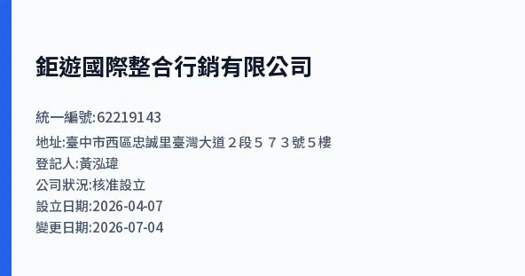 鉅遊國際整合行銷有限公司的照片-統編 62219143(臺中市) 公司登記資料與營業項目詳細圖表