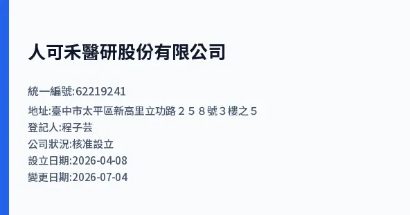 人可禾醫研股份有限公司的照片-統編 62219241(臺中市) 公司登記資料與營業項目詳細圖表