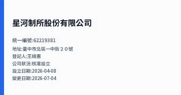 星河制所股份有限公司的照片-統編 62219381(臺中市) 公司登記資料與營業項目詳細圖表