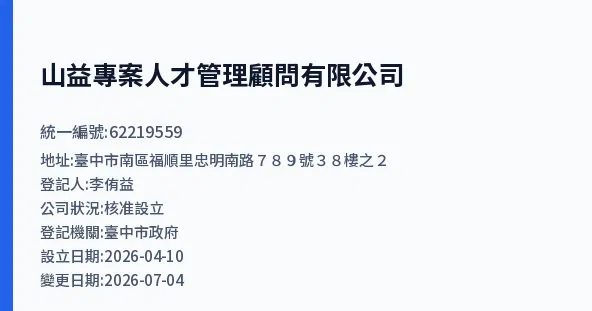 山益專案人才管理顧問有限公司的照片-統編 62219559(臺中市) 公司登記資料與營業項目詳細圖表