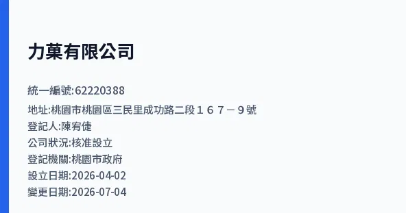 力菓有限公司的照片-統編 62220388(桃園市) 公司登記資料與營業項目詳細圖表