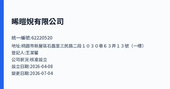 晞暟婗有限公司的照片-統編 62220520(桃園市) 公司登記資料與營業項目詳細圖表