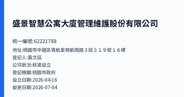 盛景智慧公寓大廈管理維護股份有限公司的照片-統編 62221788(桃園市) 公司登記資料與營業項目詳細圖表