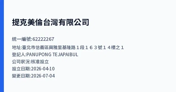 提克美倫台灣有限公司的照片-統編 62222267(臺北市) 公司登記資料與營業項目詳細圖表