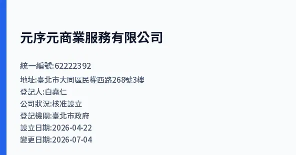 元序元商業服務有限公司的照片-統編 62222392(臺北市) 公司登記資料與營業項目詳細圖表