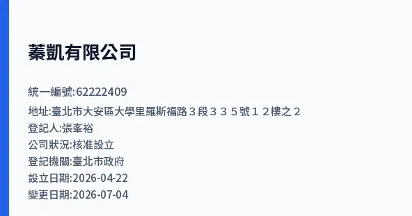 蓁凱有限公司的照片-統編 62222409(臺北市) 公司登記資料與營業項目詳細圖表