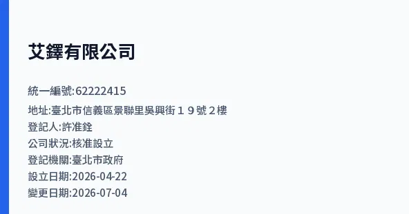 艾鐸有限公司的照片-統編 62222415(臺北市) 公司登記資料與營業項目詳細圖表