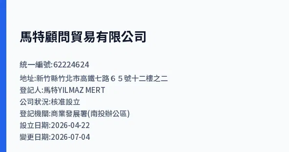 馬特顧問貿易有限公司的照片-統編 62224624(新竹縣) 公司登記資料與營業項目詳細圖表