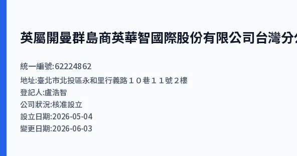 英屬開曼群島商英華智國際股份有限公司台灣分公司的照片-統編 62224862(臺北市) 公司登記資料與營業項目詳細圖表