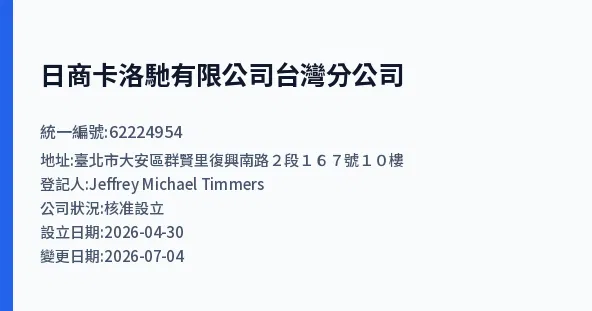 日商卡洛馳有限公司台灣分公司的照片-統編 62224954(臺北市) 公司登記資料與營業項目詳細圖表
