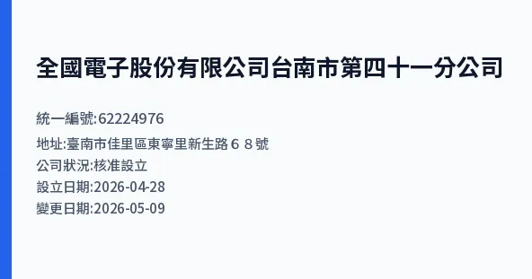 全國電子股份有限公司台南市第四十一分公司的照片-統編 62224976(臺南市) 公司登記資料與營業項目詳細圖表