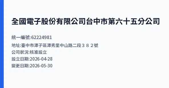 全國電子股份有限公司台中市第六十五分公司的照片-統編 62224981 公司登記資料與營業項目詳細圖表