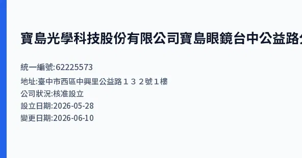 寶島光學科技股份有限公司寶島眼鏡台中公益路分公司的照片-統編 62225573(臺中市) 公司登記資料與營業項目詳細圖表